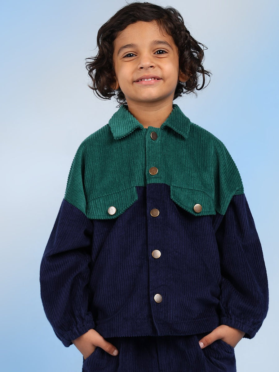 Alex Double Collar Boys Jacket – Green & Blue Casual Style – The Tribe Kids