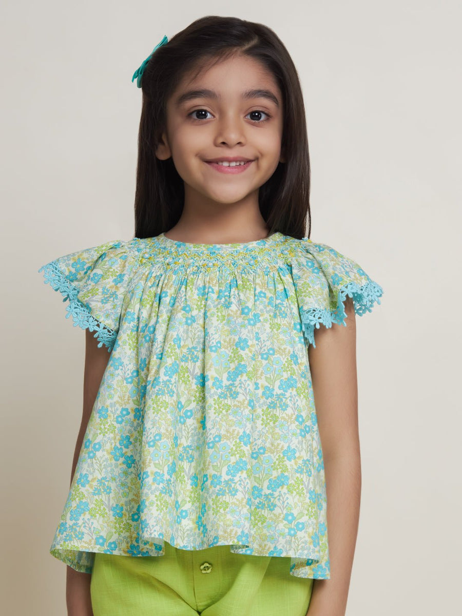 Buy Fefa Cambric Print Flared Fit Girls Top - Green Flower Online - The ...