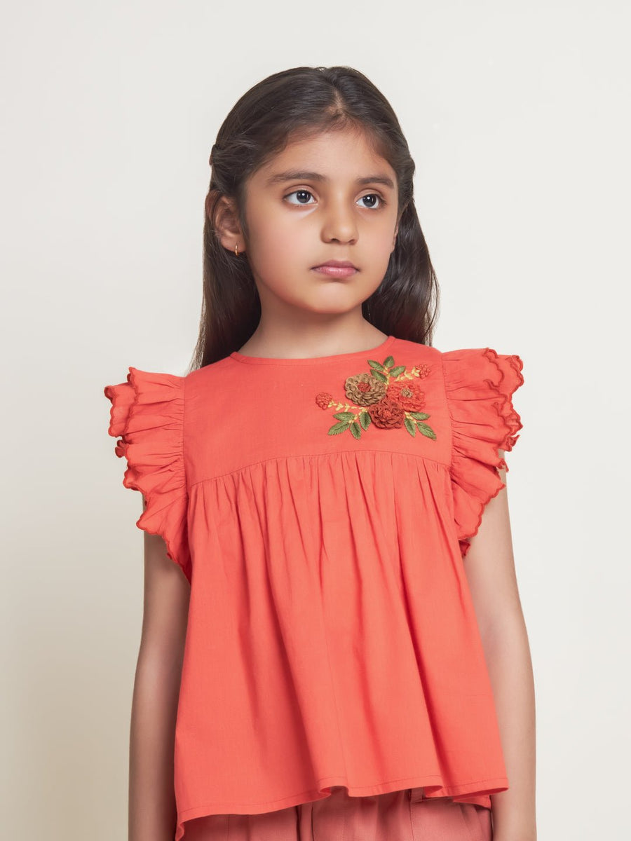 Buy Fiorella Handmade Flower Embroidery Cotton Girls Top - Orange ...