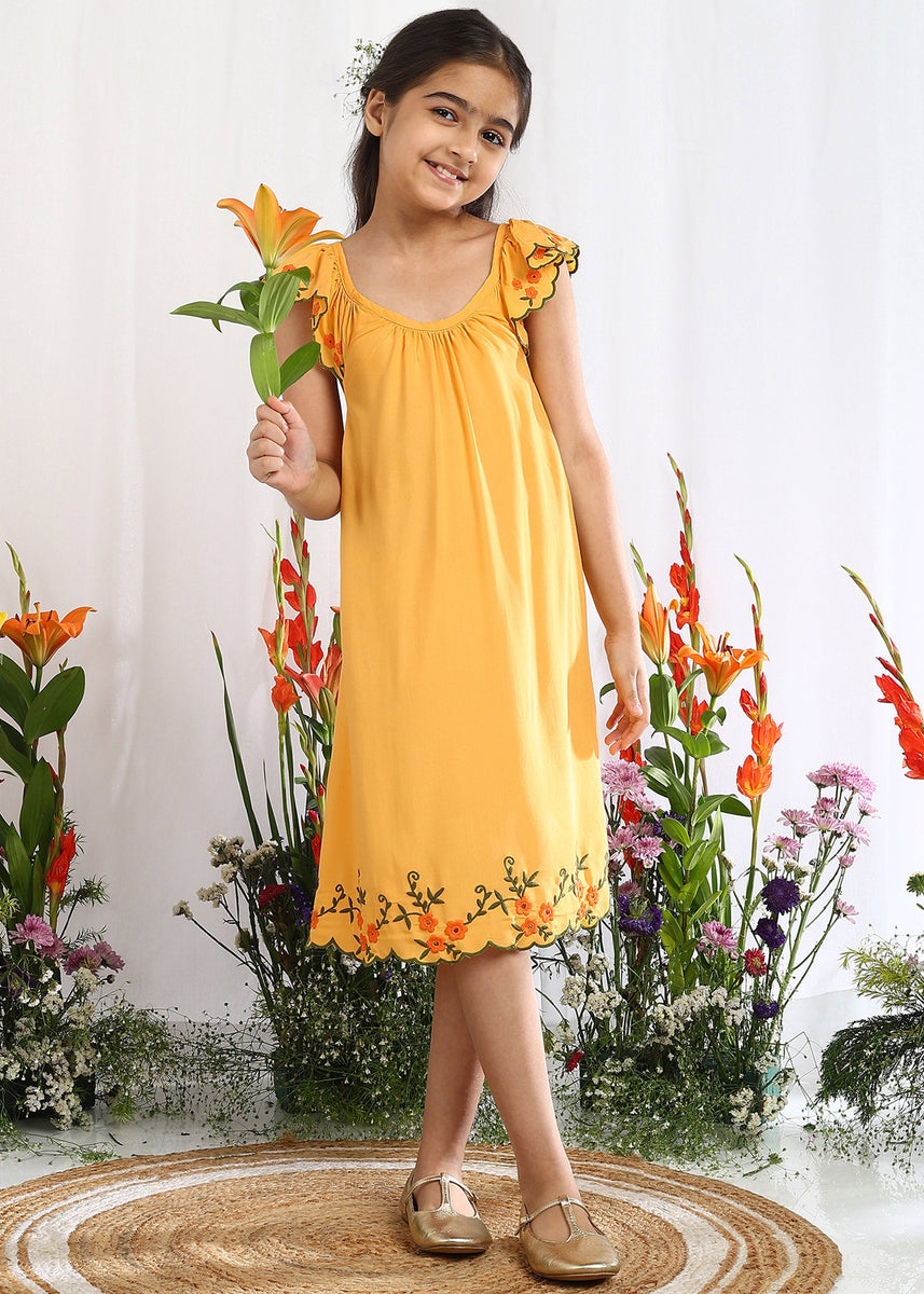 Buy Grace Mustard Cotton A-Line Embroidered Dress Online - The Tribe Kids