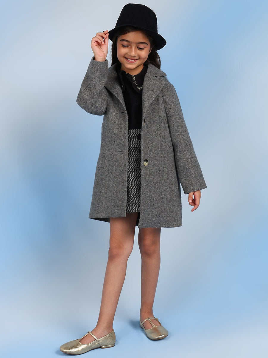 Buy Jimy Solid Cotton Wool Girls Coat - Grey Online - The Tribe Kids